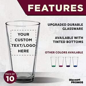 DISCOUNT PROMOS Custom Heavy Duty Beer Pint Glasses by ARC 16 oz. Set of 10, Personalized Bulk Pack - USA Made Restaurant Glassware, Perfect for Beer, Cocktails, Soda, Other Beverages - Clear