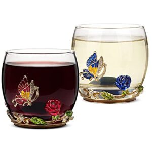 BTaT- Floral Stemless Wine Glasses, 10 oz, Set of 2, Wine Glasses Stemless, Stemless Wine Glasses Set of 2, Butterfly Wine Glass, Cute Wine Glass, Flower Wine Glasses, Flower Glass Cup