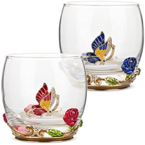 BTaT- Floral Stemless Wine Glasses, 10 oz, Set of 2, Wine Glasses Stemless, Stemless Wine Glasses Set of 2, Butterfly Wine Glass, Cute Wine Glass, Flower Wine Glasses, Flower Glass Cup