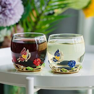 BTaT- Floral Stemless Wine Glasses, 10 oz, Set of 2, Wine Glasses Stemless, Stemless Wine Glasses Set of 2, Butterfly Wine Glass, Cute Wine Glass, Flower Wine Glasses, Flower Glass Cup