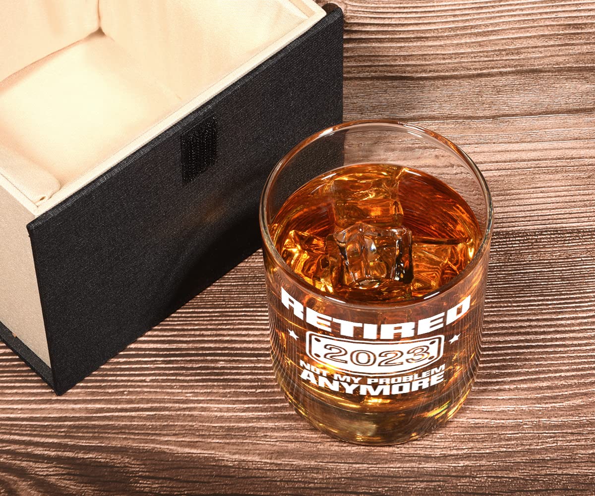 2023 Retirement Gifts for Men, Funny Retired 2023 Not My Problem Any More Whiskey Glass Gift, Happy Retirement Gifts for Office Coworkers, Boss, Dad, Husband, Brother, Friends