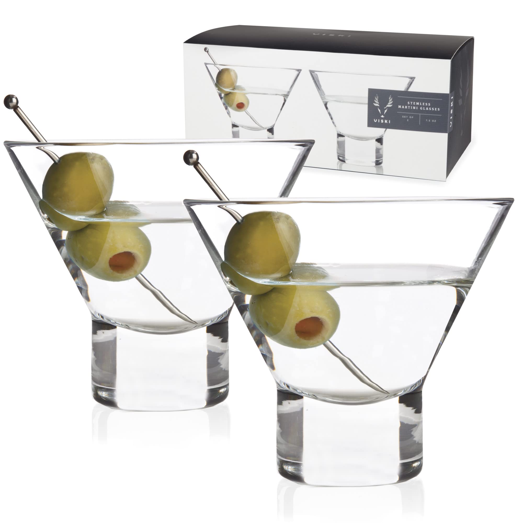 Viski Heavy Base Stemless Martini Glasses Set of 2 - Premium Short Crystal Cocktail Glass Gift Set, 7.5 oz.