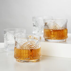 Viski Beau Stemless Lowball Glasses Set of 4 - Vintage Crystal Drinking Glasses for Whiskey, Old Fashioned, Scotch & Bourbon, Art Deco Cocktail Glasses Arch Design, 11oz