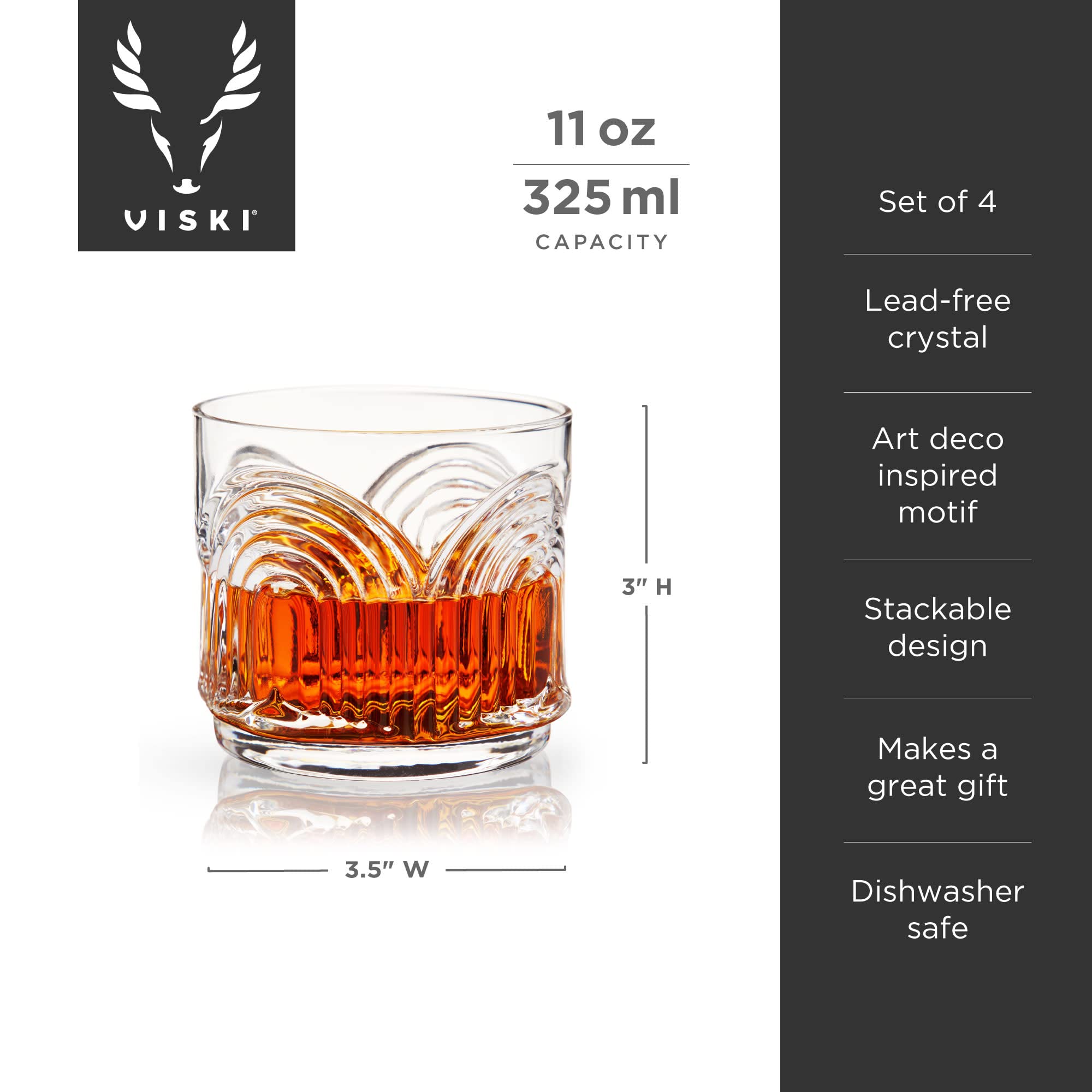 Viski Beau Stemless Lowball Glasses Set of 4 - Vintage Crystal Drinking Glasses for Whiskey, Old Fashioned, Scotch & Bourbon, Art Deco Cocktail Glasses Arch Design, 11oz