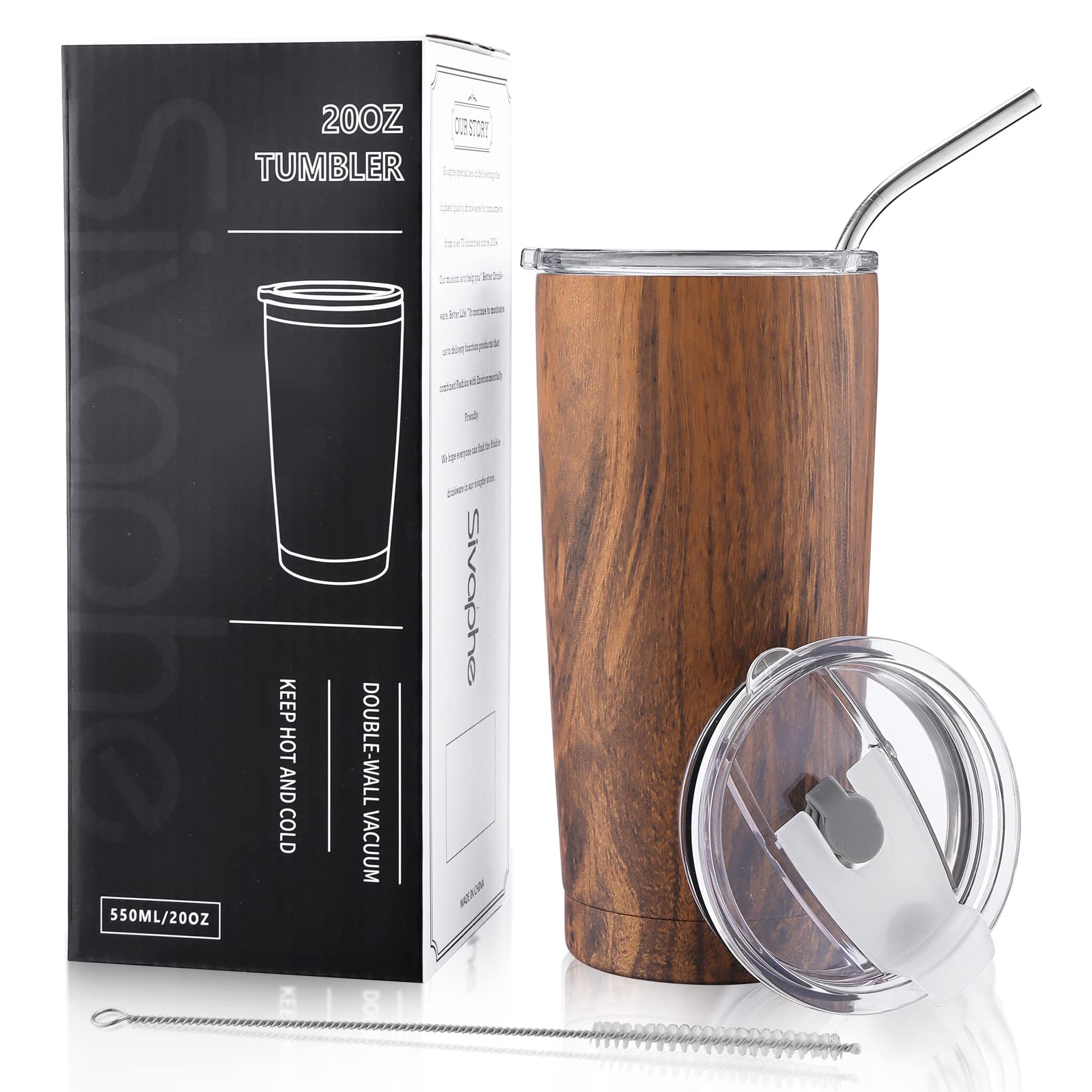 Sivaphe 20 oz Tumbler with Lid and Straw Stainless Steel Travel Coffee Mug Power Coated Thermal Cup for Men and Women Wood Grain