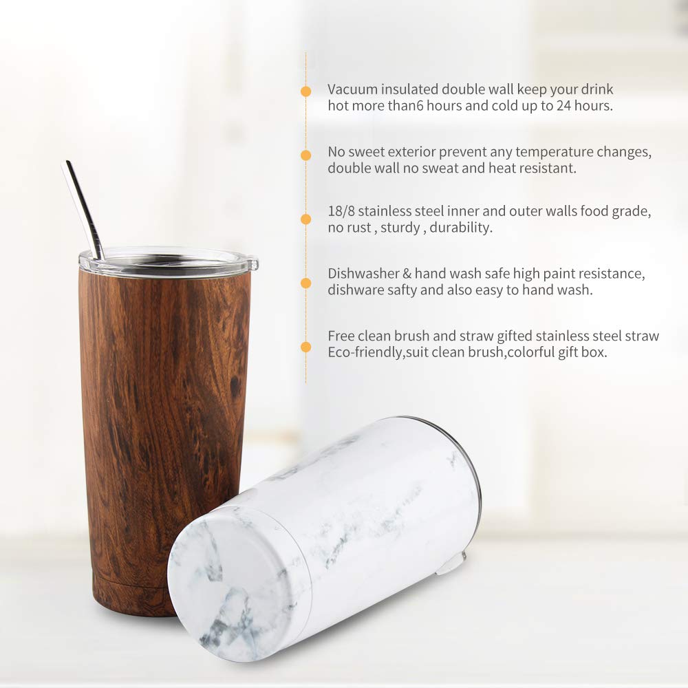 Sivaphe 20 oz Tumbler with Lid and Straw Stainless Steel Travel Coffee Mug Power Coated Thermal Cup for Men and Women Wood Grain