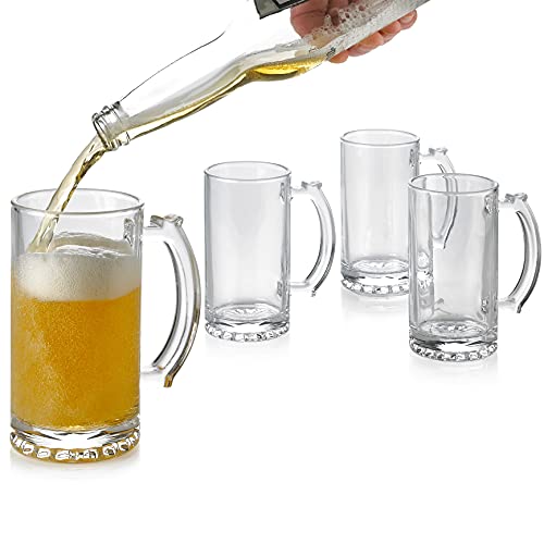 PARNOO Classic Simple Beer Mug Set, Beer Mugs with Handles, Glass Beer Steins, Freezable Beer Glasses, Beer Mug Set of 4-15 Ounces