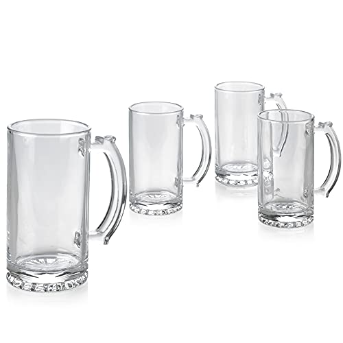 PARNOO Classic Simple Beer Mug Set, Beer Mugs with Handles, Glass Beer Steins, Freezable Beer Glasses, Beer Mug Set of 4-15 Ounces