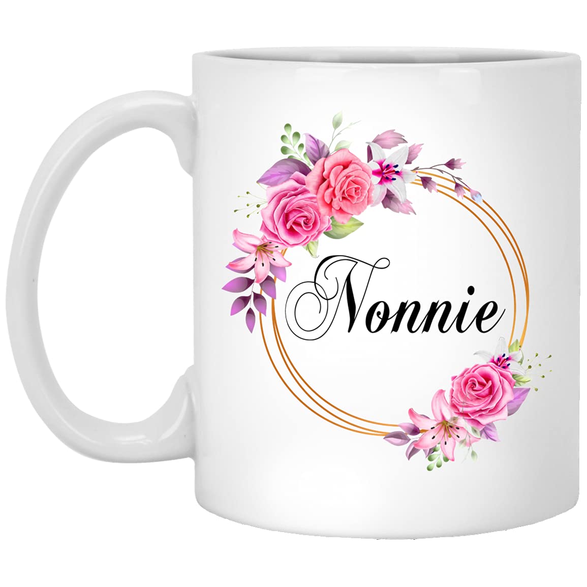 GavinsDesigns Nonnie Flower Novelty Coffee Mug Gift For Mother's Day-Nonnie Pink Flowers On Gold Frame-New Nonnie Mug Flower-Birthday Gifts For Nonnie-Nonnie Coffee Mug 11oz,MUG-QXLBO7U3BH-11oz