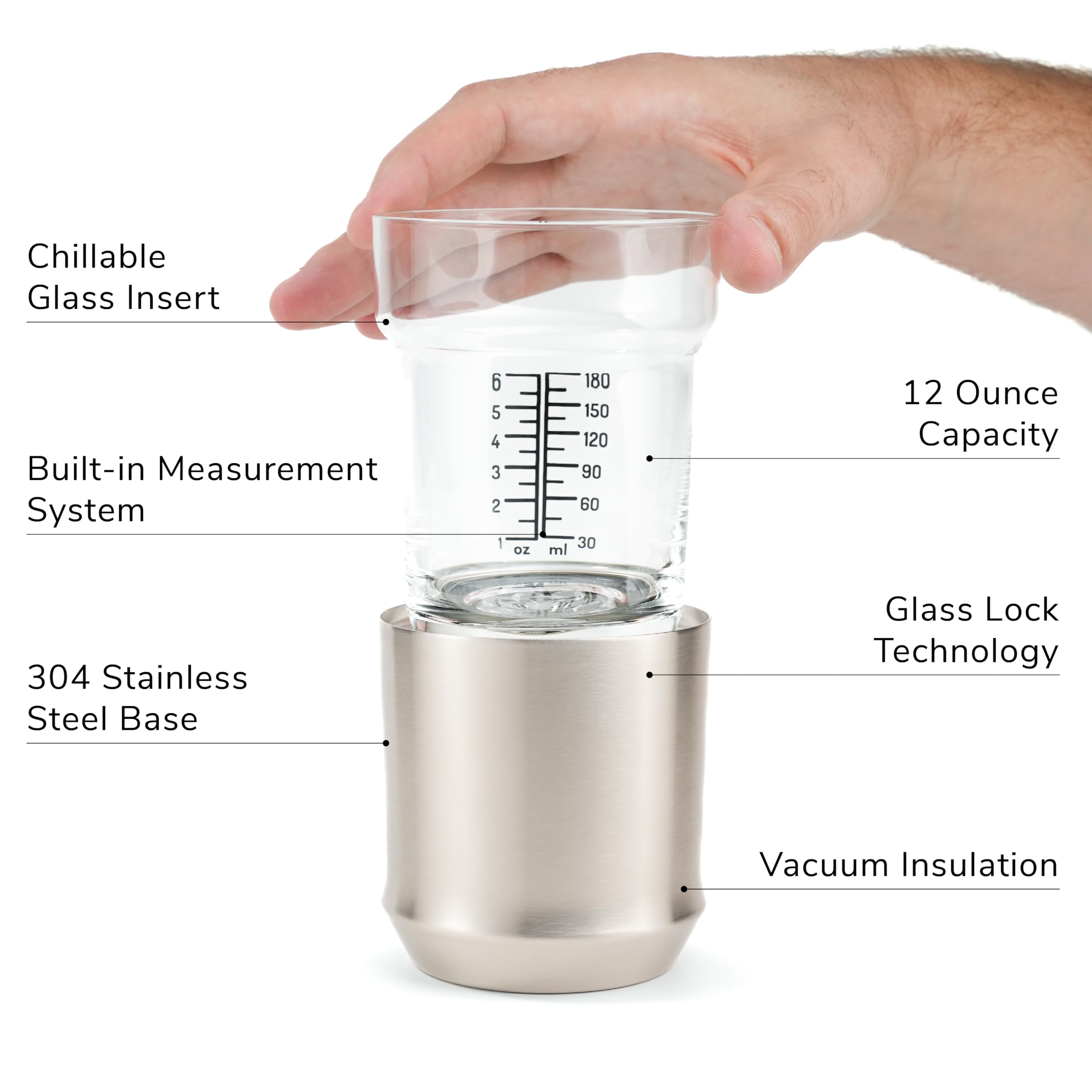 Elevated Craft Hybrid Cocktail Glass Premium Vacuum Insulated Steel Base with Removable Glass Insert - 12oz Rocks Glass, Double Old Fashioned Lowball for Margaritas, Bourbon, Whiskey - Steel