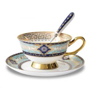 ybk tech euro style bone china cup& saucer set, ceramic tea coffee cup for home kitchen wedding (royal pattern- sky blue)