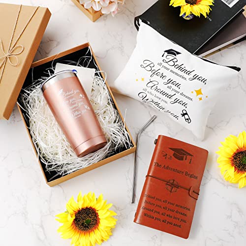 Gerrii Inspirational Graduation Gifts Class of 2024 Behind You All Your Memories 20oz Vacuum Insulated Tumbler Mug Inspirational Graduation Journal and Makeup Bag for Her Him Graduates