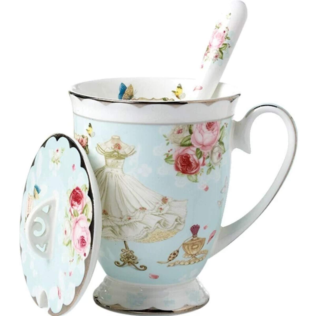 Krysclove Vintage Ceramic Tea Cup Coffee Mug with Lid and Spoon Set, Royal Fine Bone China Mugs 11oz(Light Blue)