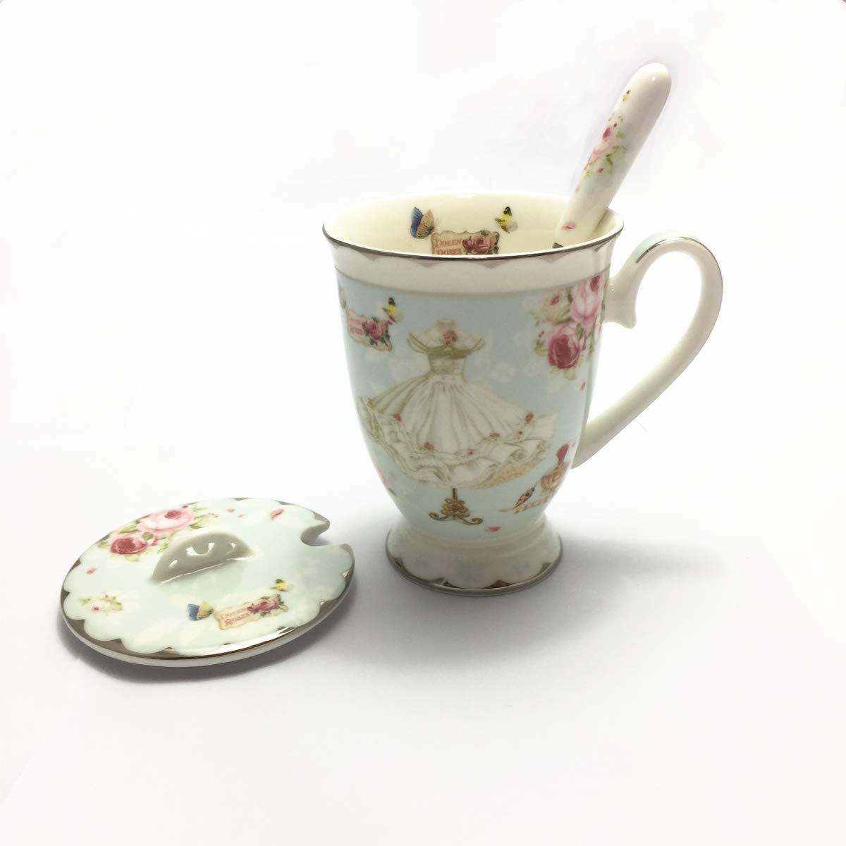 Krysclove Vintage Ceramic Tea Cup Coffee Mug with Lid and Spoon Set, Royal Fine Bone China Mugs 11oz(Light Blue)