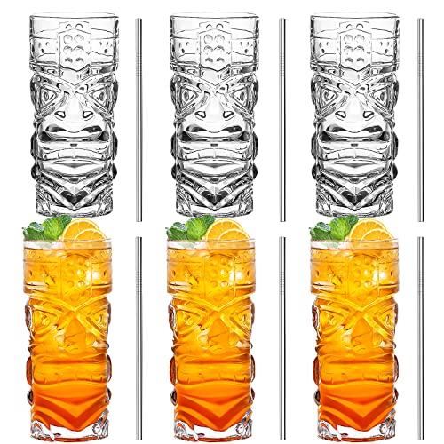 INFTYLE Clear Tiki Glasses Set of 6-14 oz Modern Bar Tiki Cocktail Glasses Perfect for Exotic Cocktails,Mai Tai, Hawaiian Style Cocktails, Tropical Island Drinksware Set