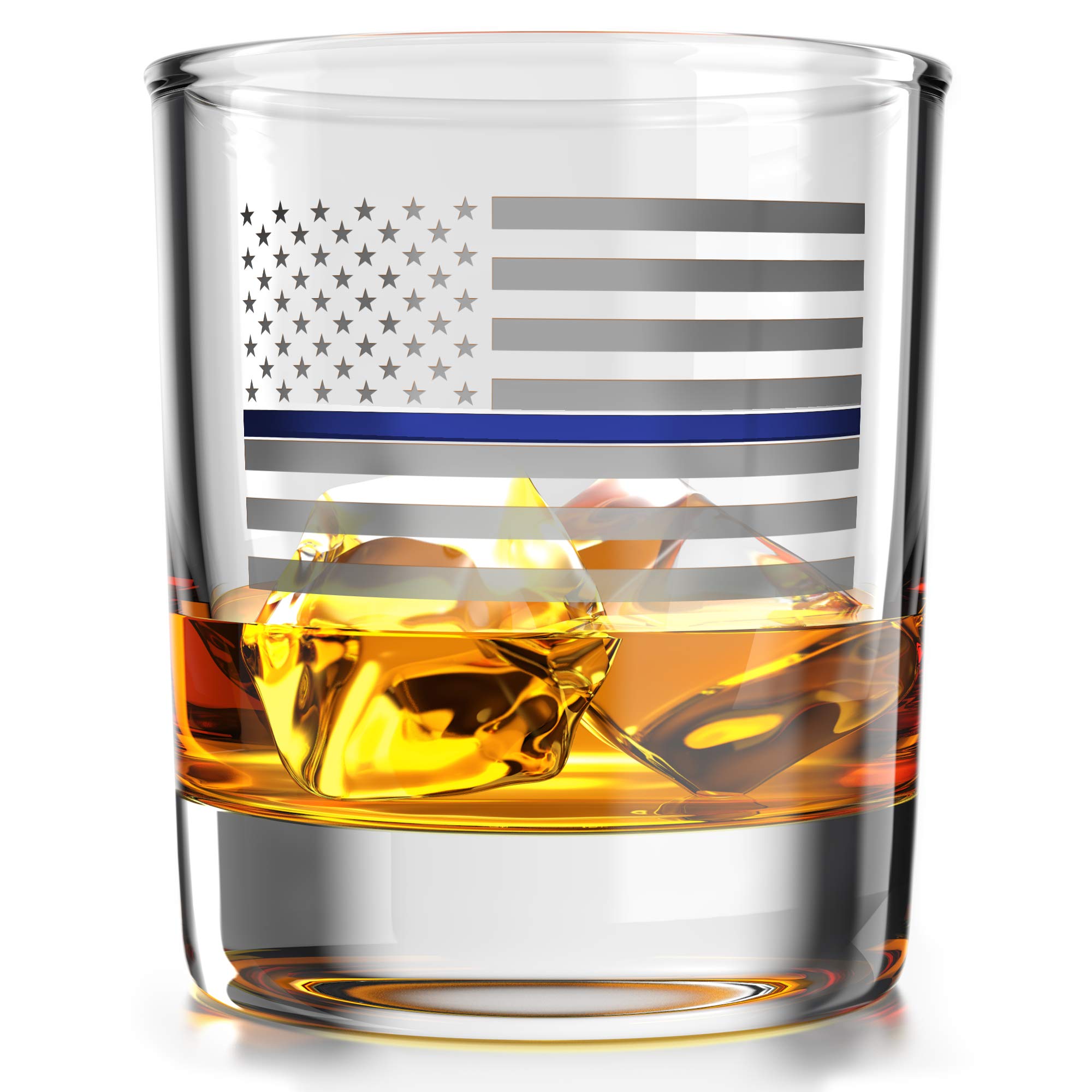 Thin Blue Line American Flag - Old Fashioned Whiskey Rocks Bourbon Glass - 10 oz capacity