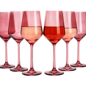 Red Rose Colored Wine Glass Set, Large 12 oz Glasses Set of 6, Unique Italian Style Tall Stemmed for White & Red Wine, Water, Cocktail, Margarita Glasses, Color Tumbler, Gifts, Beautiful Glassware