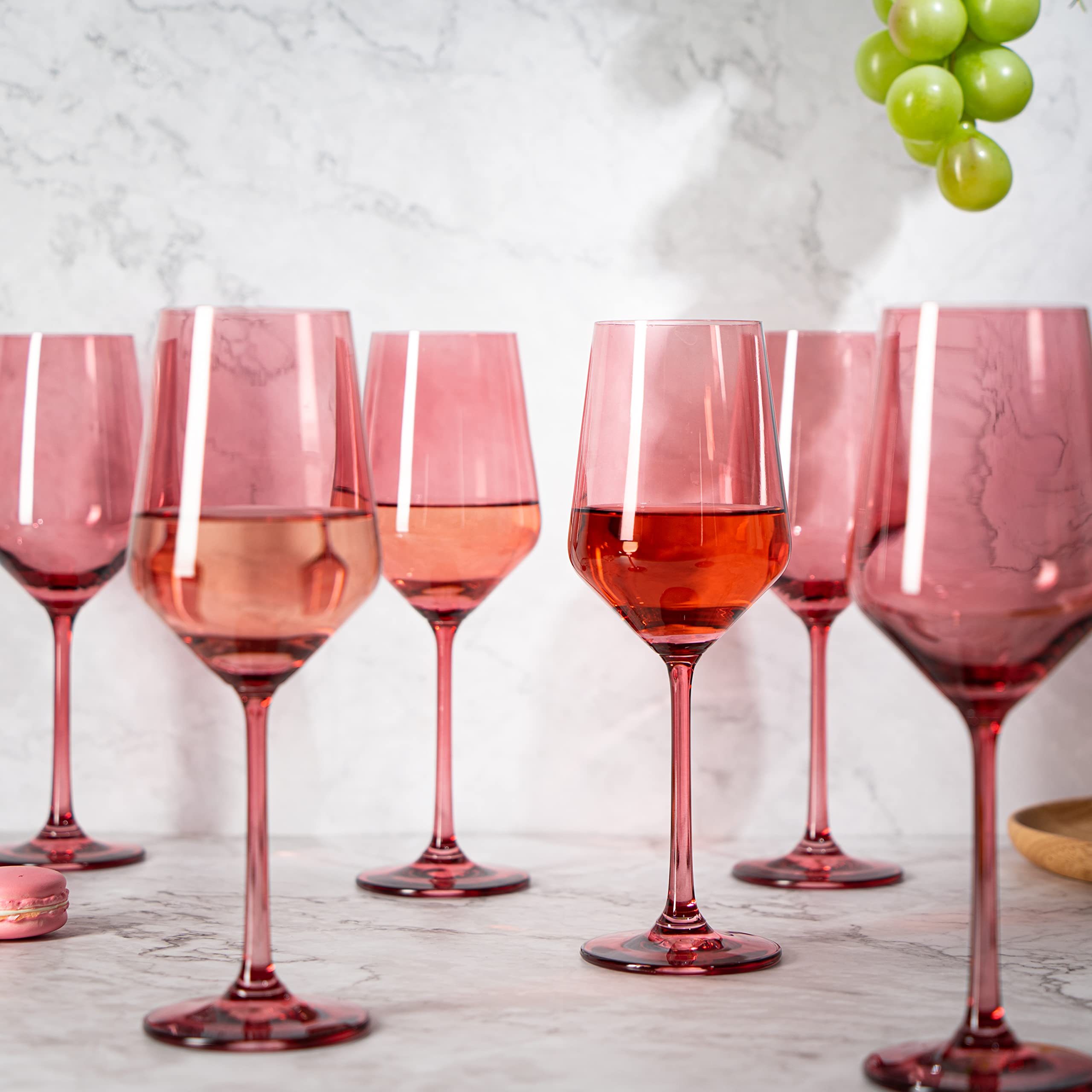 Red Rose Colored Wine Glass Set, Large 12 oz Glasses Set of 6, Unique Italian Style Tall Stemmed for White & Red Wine, Water, Cocktail, Margarita Glasses, Color Tumbler, Gifts, Beautiful Glassware