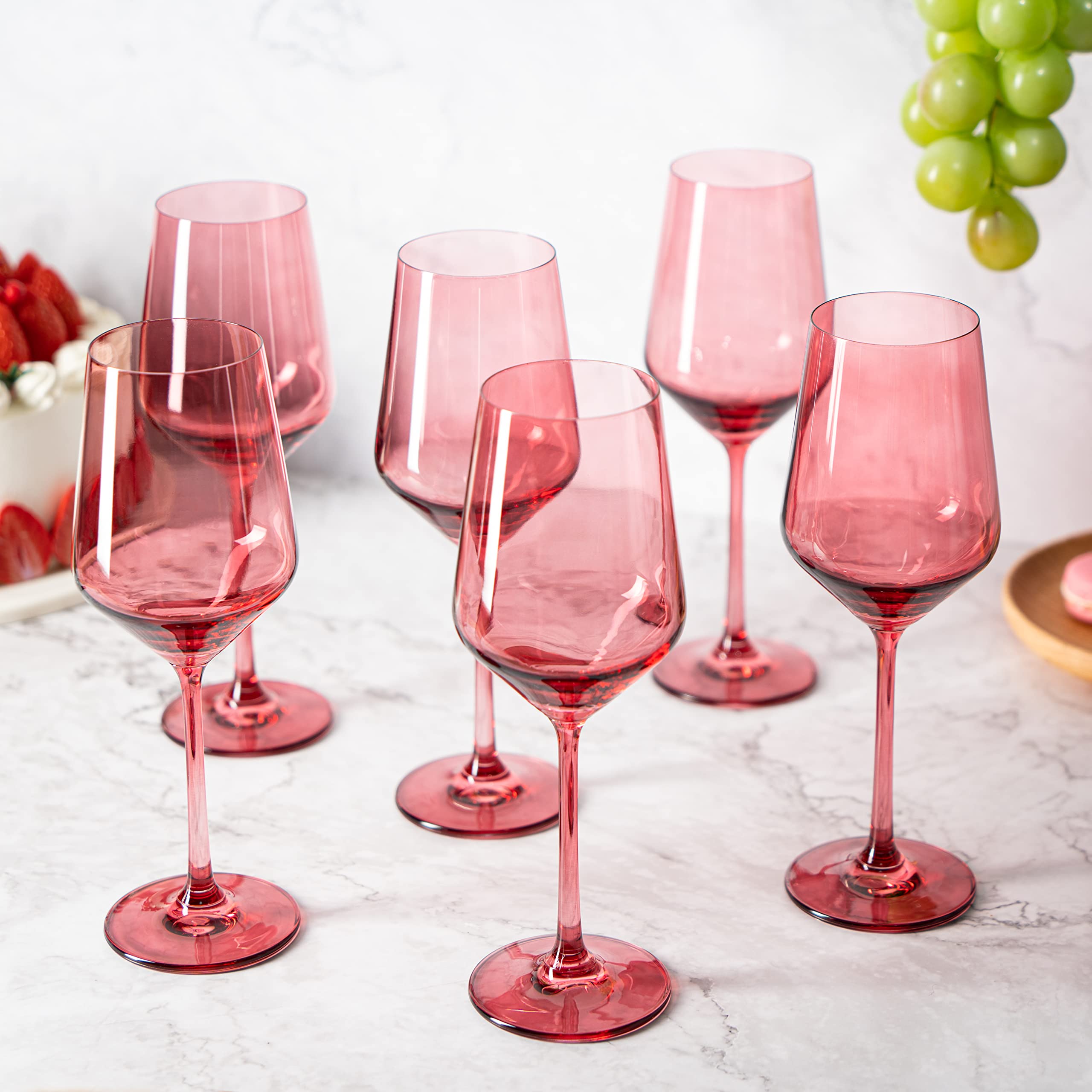 Red Rose Colored Wine Glass Set, Large 12 oz Glasses Set of 6, Unique Italian Style Tall Stemmed for White & Red Wine, Water, Cocktail, Margarita Glasses, Color Tumbler, Gifts, Beautiful Glassware