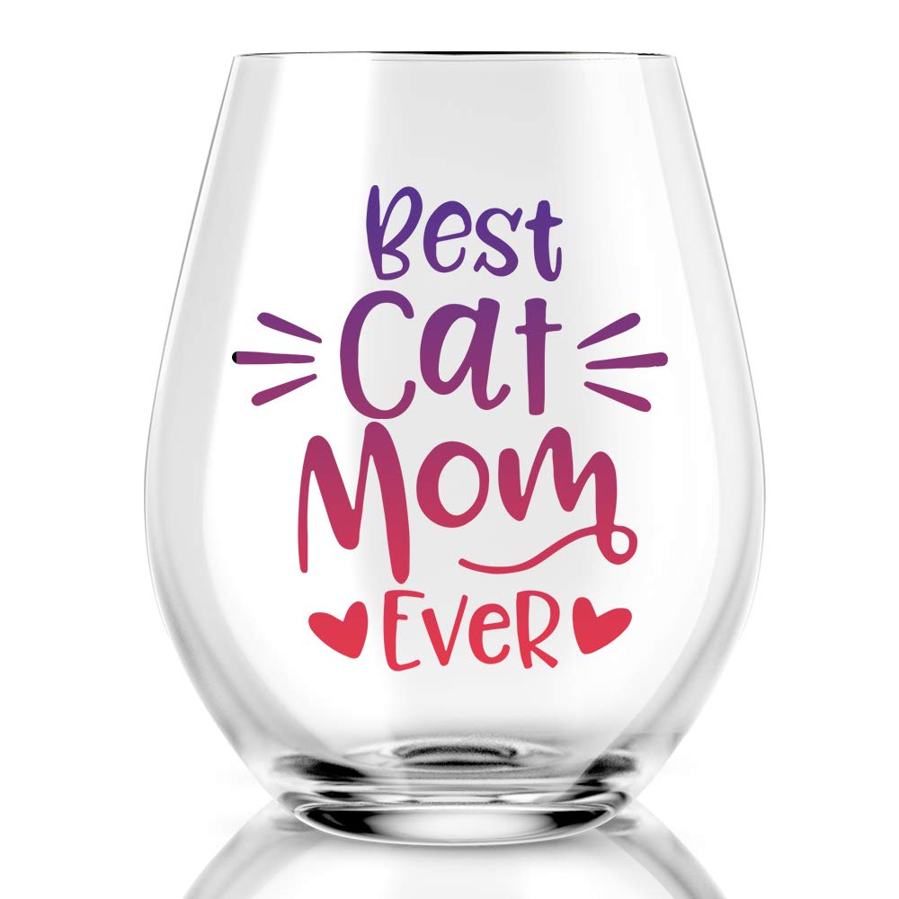 Best Cat Mom Ever Funny Stemless Wine Glass, Cat Lover Gifts for Cat Dad, Cat Mom, Women, Veterinarian, Animal Rescue, Vet Tech, Perfect for Birthday, Valentines