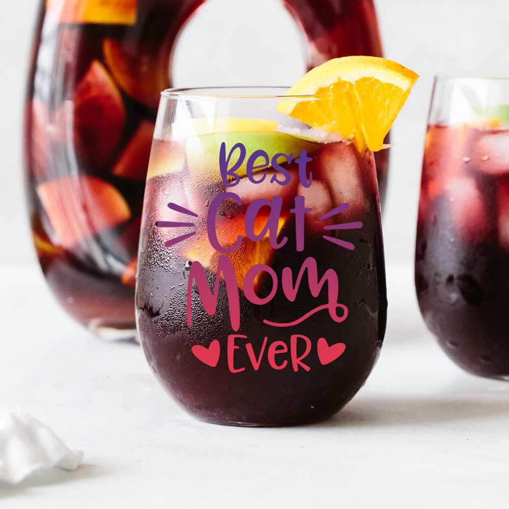 Best Cat Mom Ever Funny Stemless Wine Glass, Cat Lover Gifts for Cat Dad, Cat Mom, Women, Veterinarian, Animal Rescue, Vet Tech, Perfect for Birthday, Valentines