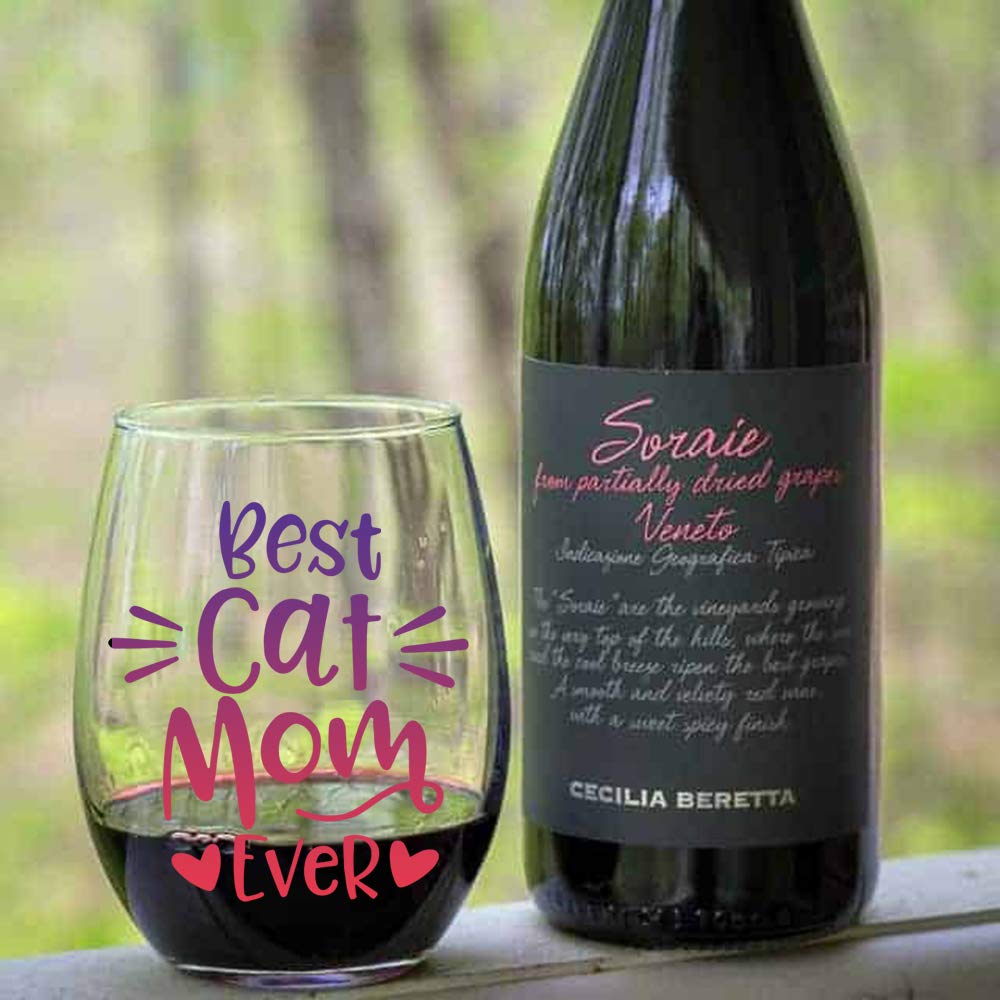 Best Cat Mom Ever Funny Stemless Wine Glass, Cat Lover Gifts for Cat Dad, Cat Mom, Women, Veterinarian, Animal Rescue, Vet Tech, Perfect for Birthday, Valentines