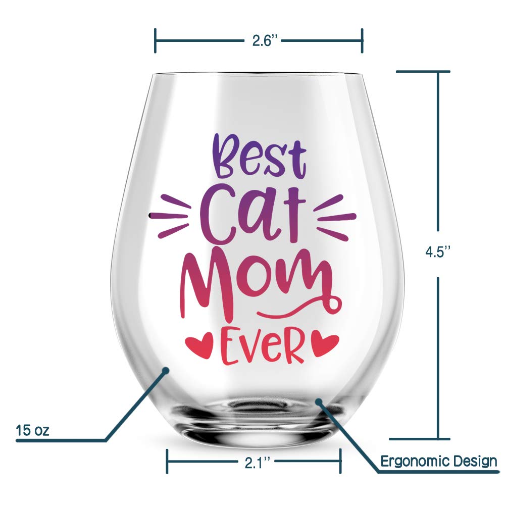 Best Cat Mom Ever Funny Stemless Wine Glass, Cat Lover Gifts for Cat Dad, Cat Mom, Women, Veterinarian, Animal Rescue, Vet Tech, Perfect for Birthday, Valentines