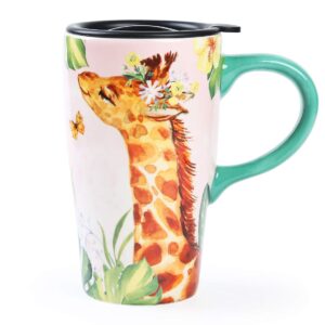 minigift ceramic coffee mug，travel cup with lid,handmade milk mug 16oz-giraffe