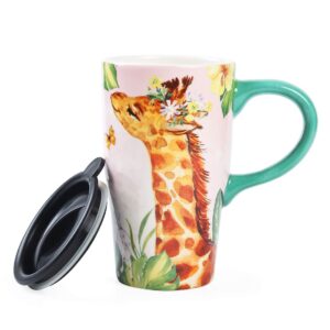 Minigift Ceramic Coffee Mug，Travel Cup with Lid,Handmade Milk Mug 16oz-Giraffe