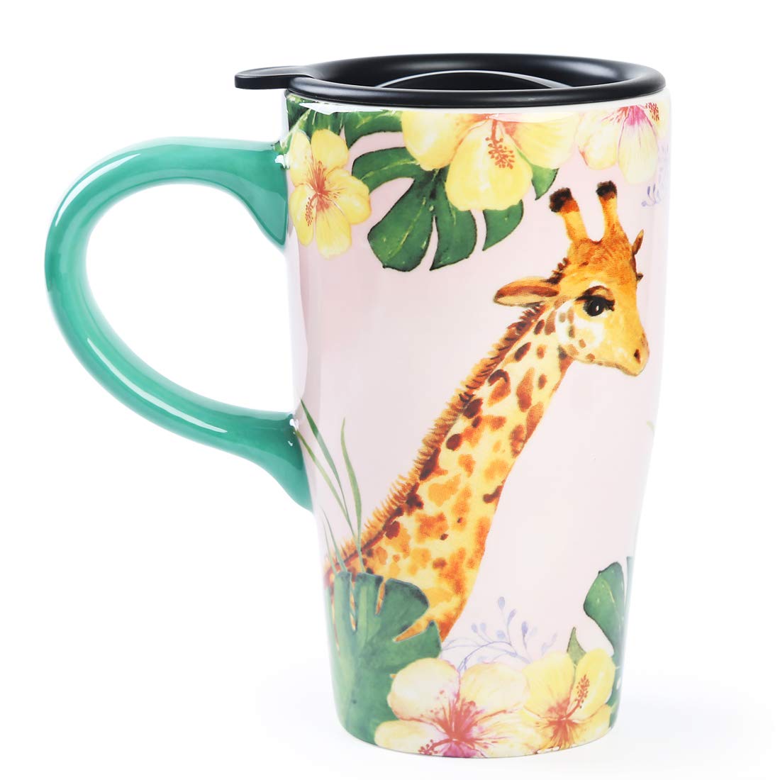 Minigift Ceramic Coffee Mug，Travel Cup with Lid,Handmade Milk Mug 16oz-Giraffe