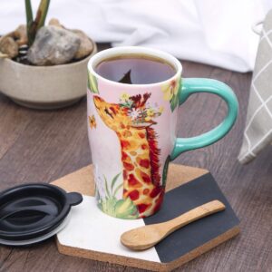 Minigift Ceramic Coffee Mug，Travel Cup with Lid,Handmade Milk Mug 16oz-Giraffe