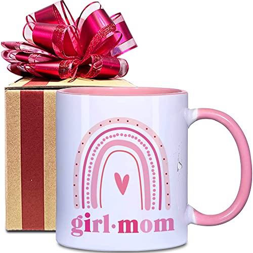 Dnuiyses Girl Mom Coffee Mug, Inspirational Mama Rainbow Mug Gift for Woman BFF Daughter Mom Wife Sister Adult, Watercolor Rainbow Thanks Mug Gifts for Mother's Day Birthday Christmas Thanksgiving.