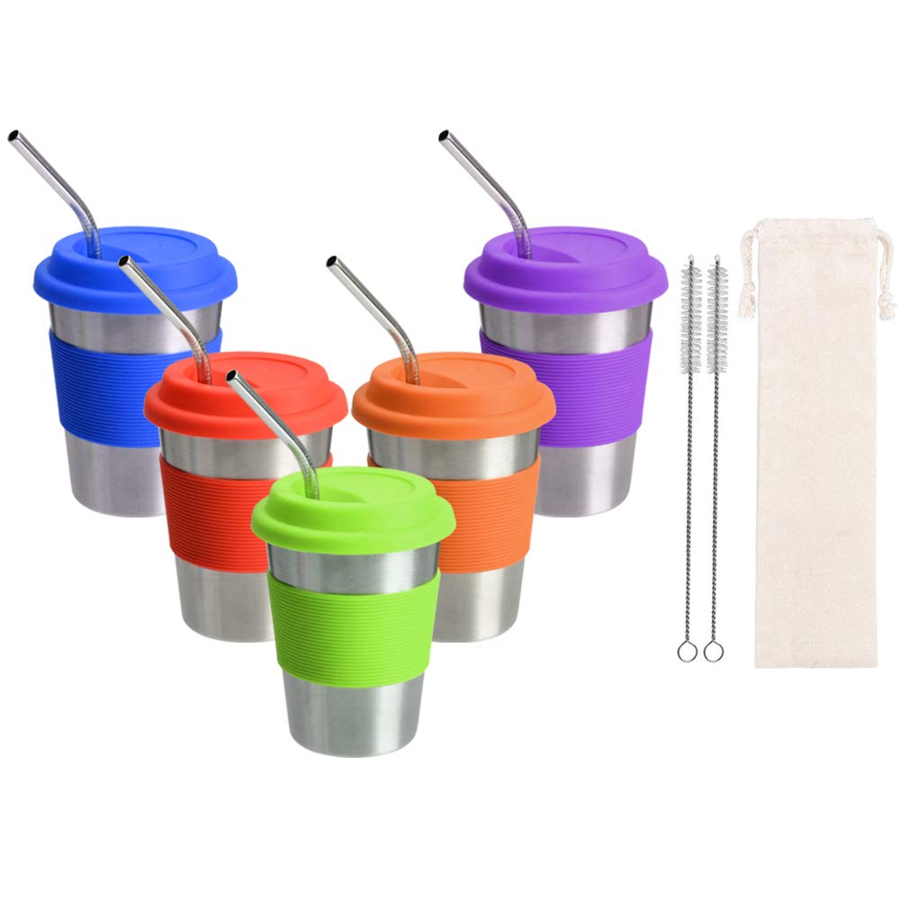 Pinshion Stainless Steel Cups with Lids and Straws, Drinking Tumbler with Silicone Sleeves 12 Oz Eco-Friendly BPA-Free for Kids/Adults, Unbreakable Metal (5 Pack)