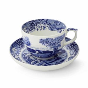 portmeirion home & gifts blue italian teacup and saucer | 20-ounce capacity | jumbo tea set | coffee mug | cup for tea, lattes, espressos, and hot beverages | blue and white | dishwasher safe