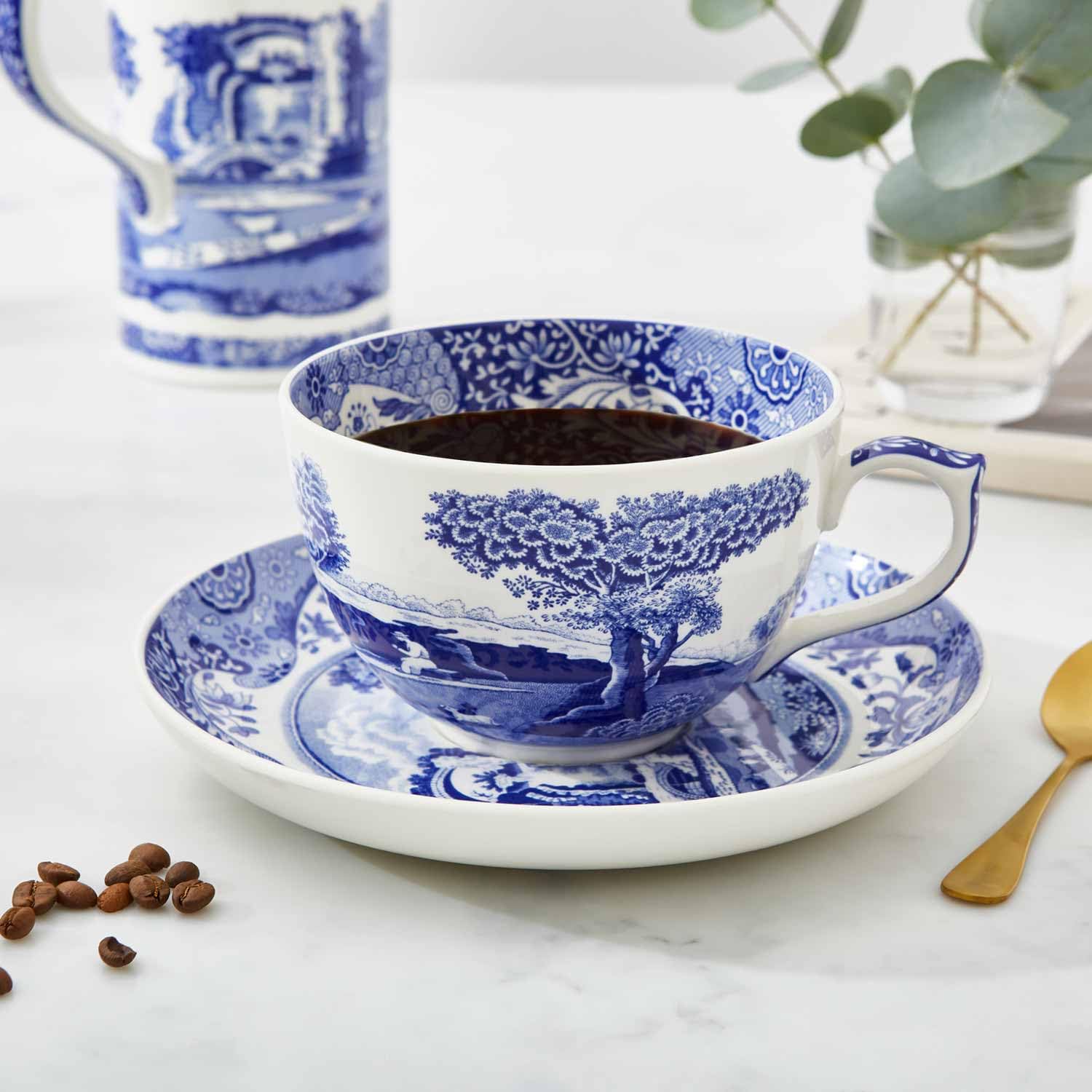 Portmeirion Home & Gifts Blue Italian Teacup and Saucer | 20-ounce Capacity | Jumbo Tea Set | Coffee Mug | Cup for Tea, Lattes, Espressos, and Hot Beverages | Blue and White | Dishwasher Safe