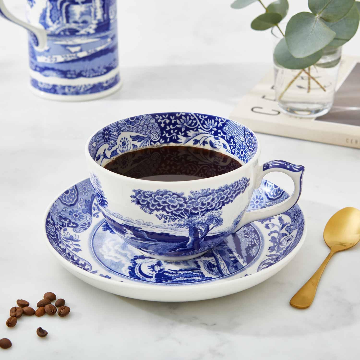 Portmeirion Home & Gifts Blue Italian Teacup and Saucer | 20-ounce Capacity | Jumbo Tea Set | Coffee Mug | Cup for Tea, Lattes, Espressos, and Hot Beverages | Blue and White | Dishwasher Safe