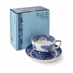 Portmeirion Home & Gifts Blue Italian Teacup and Saucer | 20-ounce Capacity | Jumbo Tea Set | Coffee Mug | Cup for Tea, Lattes, Espressos, and Hot Beverages | Blue and White | Dishwasher Safe