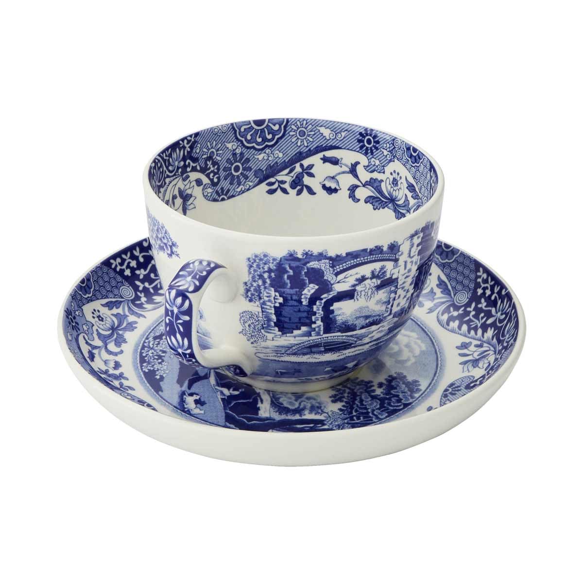 Portmeirion Home & Gifts Blue Italian Teacup and Saucer | 20-ounce Capacity | Jumbo Tea Set | Coffee Mug | Cup for Tea, Lattes, Espressos, and Hot Beverages | Blue and White | Dishwasher Safe