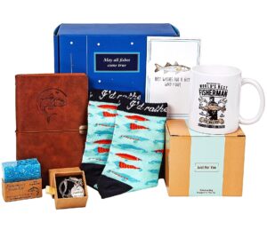 fishing gifts for men unique - fathers day fishing gifts for dad - best gifts for a fisherman men gift box ; fishing log book fishing mug keychain soap socks