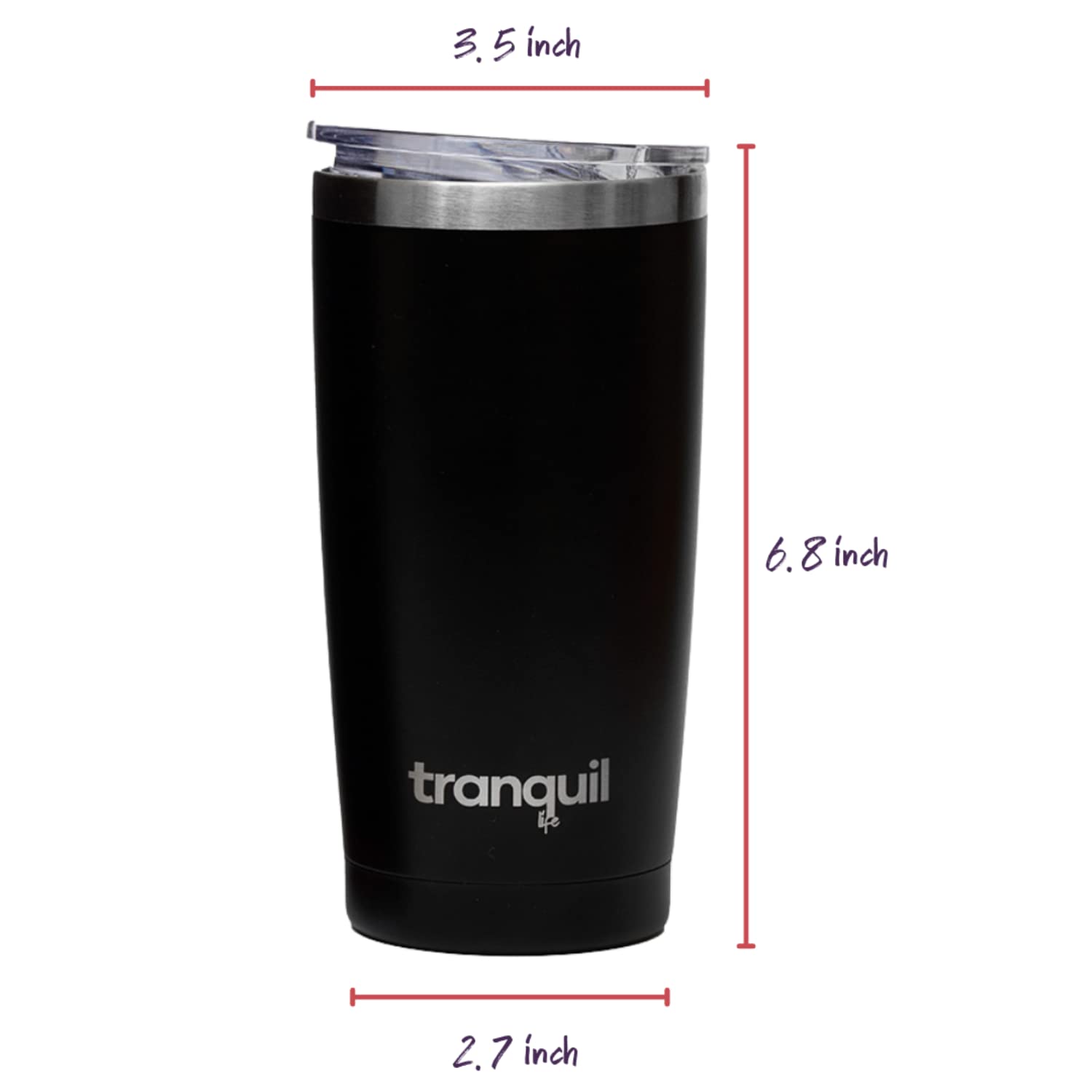 tranquil life Insulated Tumbler– 20oz, Stainless Steel Cups for Hot & Cold Drinks, Tumbler with Leakproof Lid, Reusable Cups for Coffee & Smoothie, Stainless Steel Tumbler for Travel, Jet Black