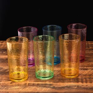 KX-WARE 20-ounce Acrylic Glasses Plastic Tumbler, set of 6 Multicolor - Hammered Style, Dishwasher Safe, BPA Free