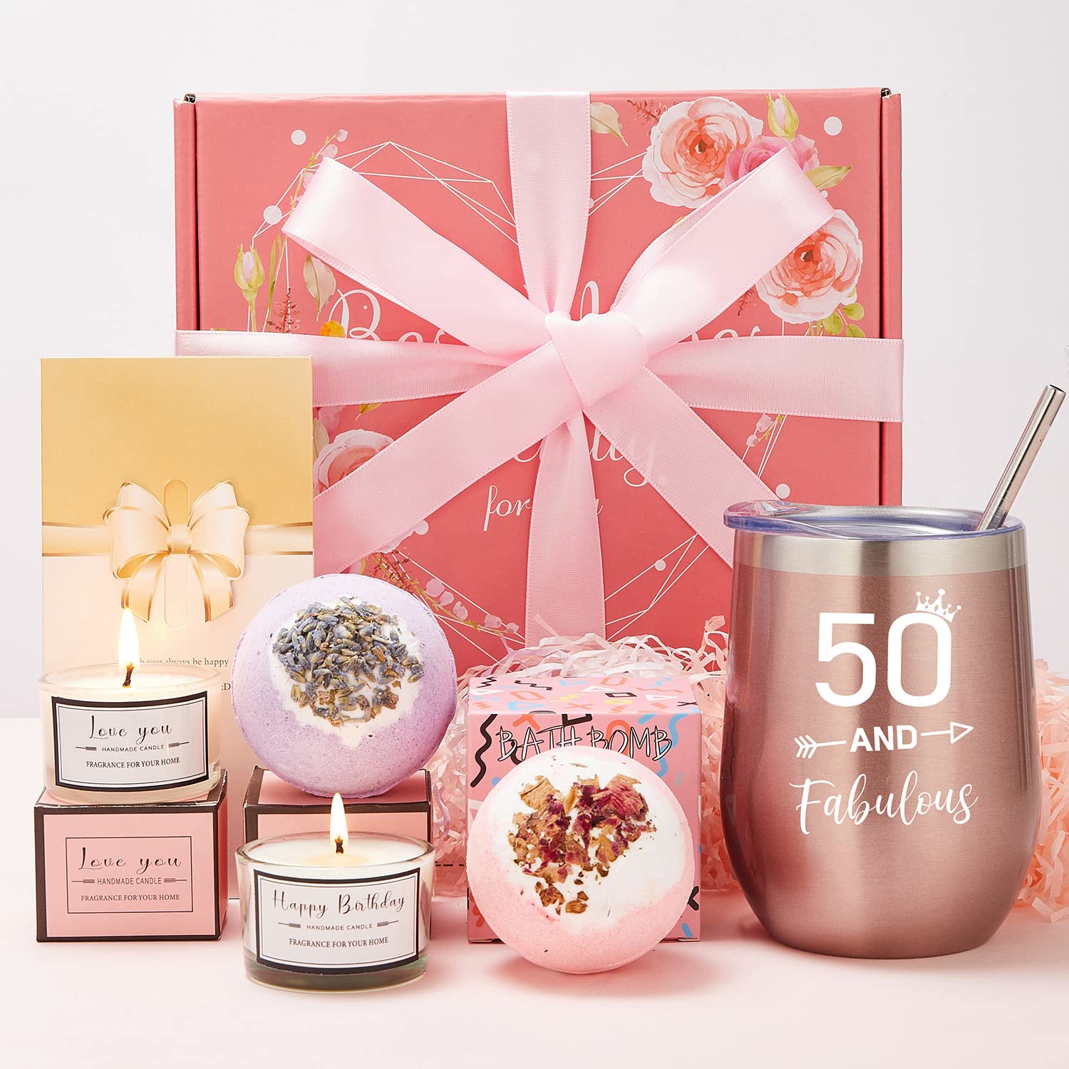 50th Birthday Gifts for Women-Relaxing Spa Gift Box Basket for Her Mom Coworkers, Sisters, Aunt, BFF, Teachers, Nurses Unique Happy Birthday Bath Set Gift Ideas -Best Birthday Gift Boxes for Women