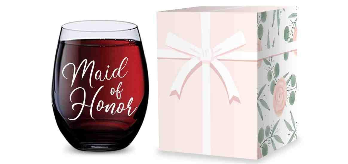 GSM Brands Stemless Wine Glass for Maid of Honor Gifts - Made of Unbreakable Tritan Plastic and Dishwasher Safe - 16 ounces