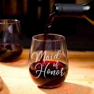 GSM Brands Stemless Wine Glass for Maid of Honor Gifts - Made of Unbreakable Tritan Plastic and Dishwasher Safe - 16 ounces