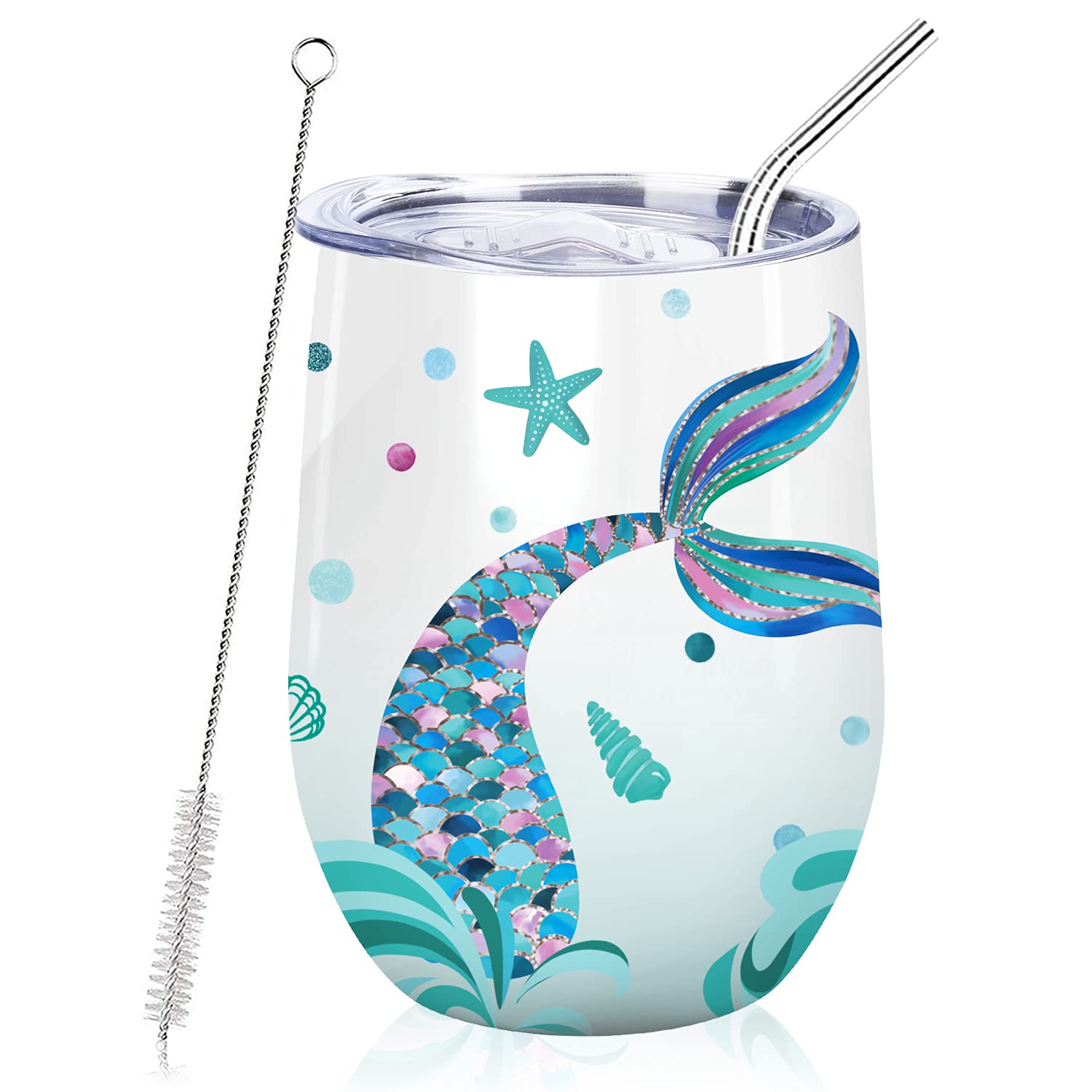 NymphFable 12oz Mermaid Gifts for Girls Wine Tumbler with Straw and Lid Stainless Steel Wine Glass Insulated Double Wall