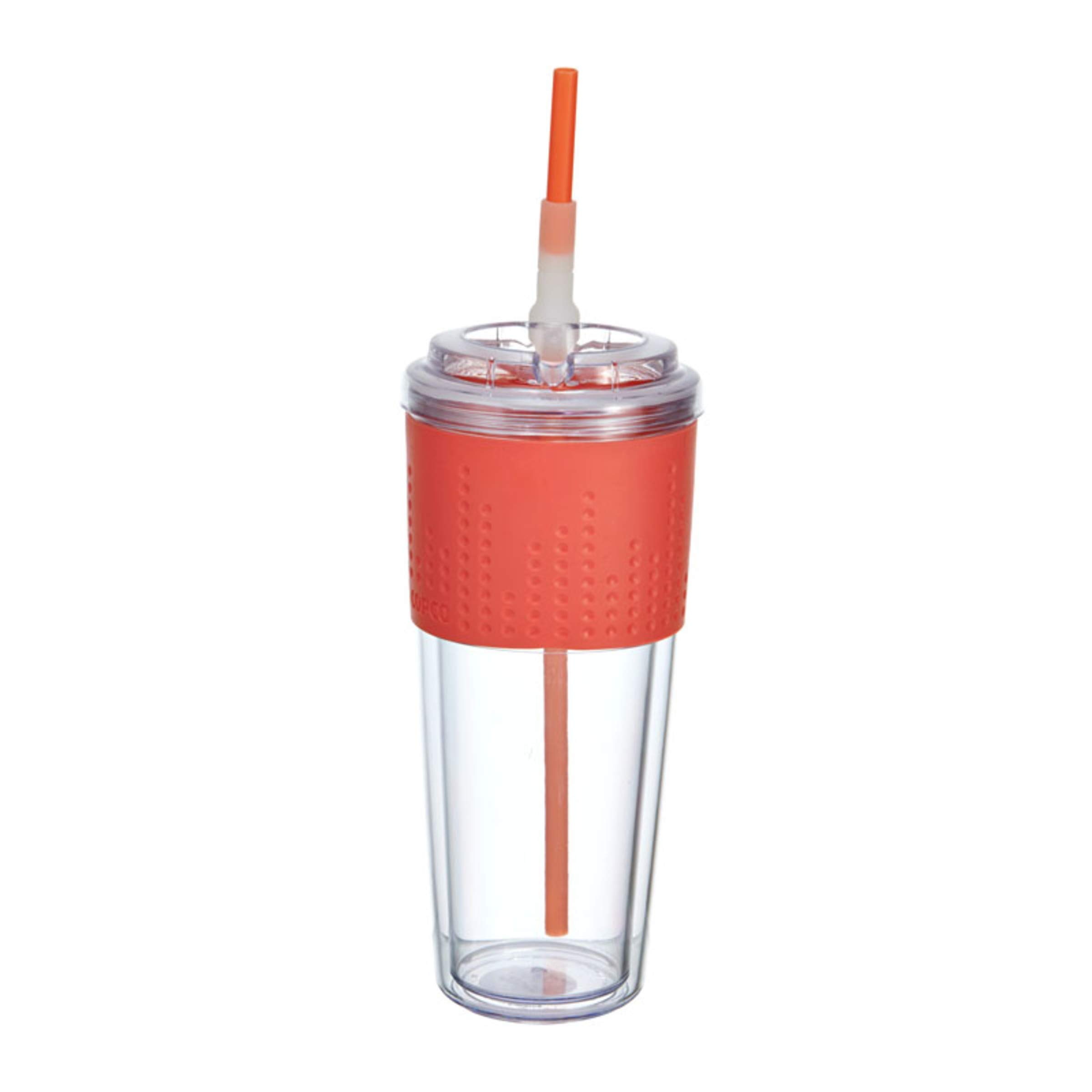 Copco Lock-n-Roll Double Wall Tritian Spill-Proof Tumbler with Soft Grip Sleeve and Patented Flip Up Straw, 20-Ounce, Coral