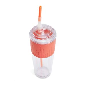 Copco Lock-n-Roll Double Wall Tritian Spill-Proof Tumbler with Soft Grip Sleeve and Patented Flip Up Straw, 20-Ounce, Coral