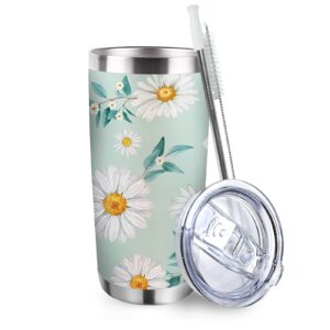 zzkol daisy flowers tumbler with lid and straw, floral stainless steel travel coffee cup, birthday mug gifts for women daisy lovers, 20oz double wall vacuum insulated tumbler