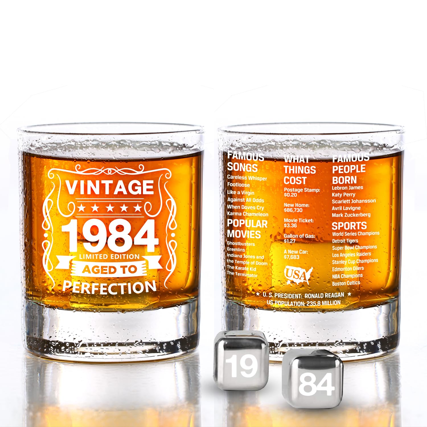 Old Fashioned Glasses-1984-Vintage 1984 old time information 10.25oz Whiskey Rocks Glasses -40th Birthday Aged to Perfection - 40 years old gifts Bourbon Scotch Lowball Old Fashioned-1PCS