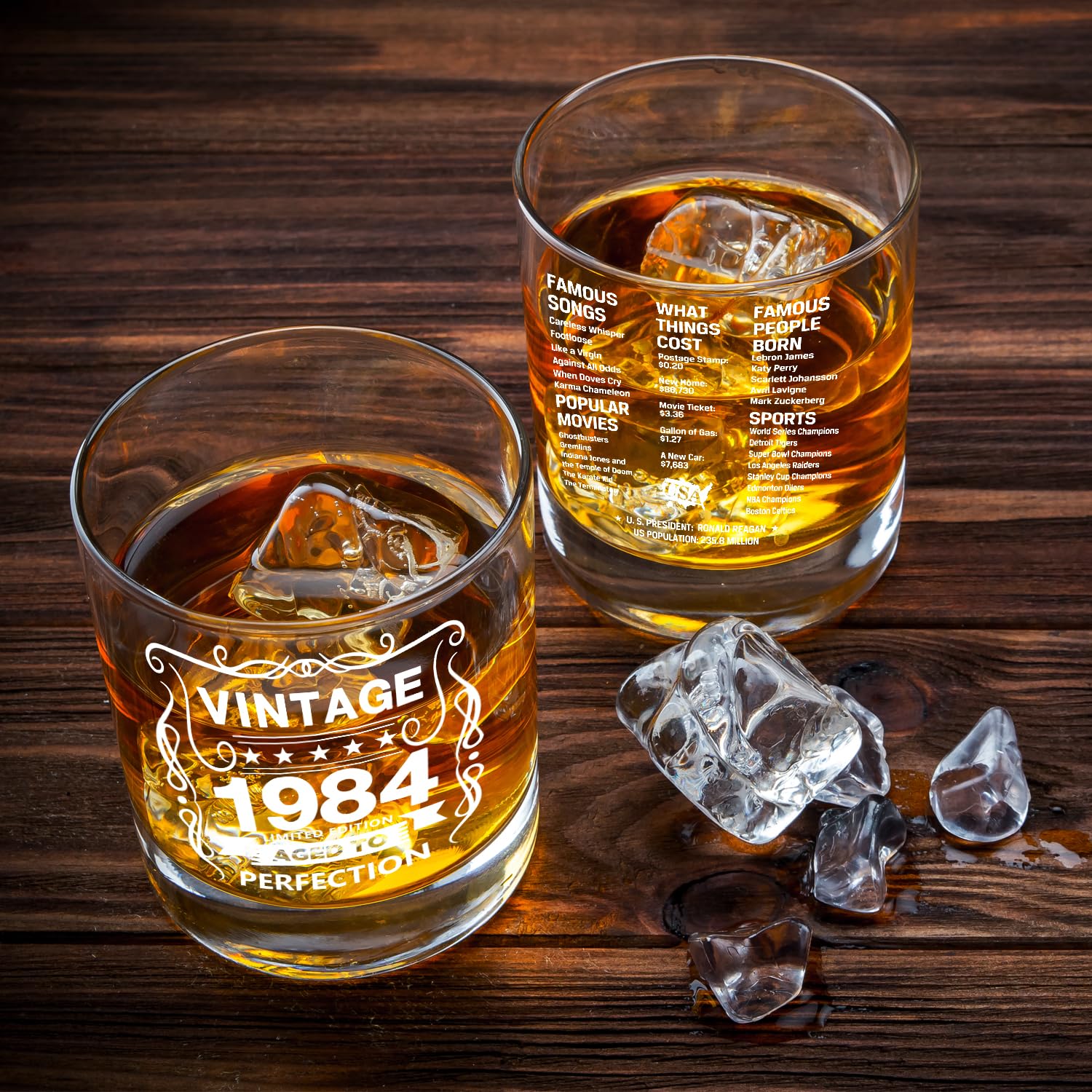 Old Fashioned Glasses-1984-Vintage 1984 old time information 10.25oz Whiskey Rocks Glasses -40th Birthday Aged to Perfection - 40 years old gifts Bourbon Scotch Lowball Old Fashioned-1PCS